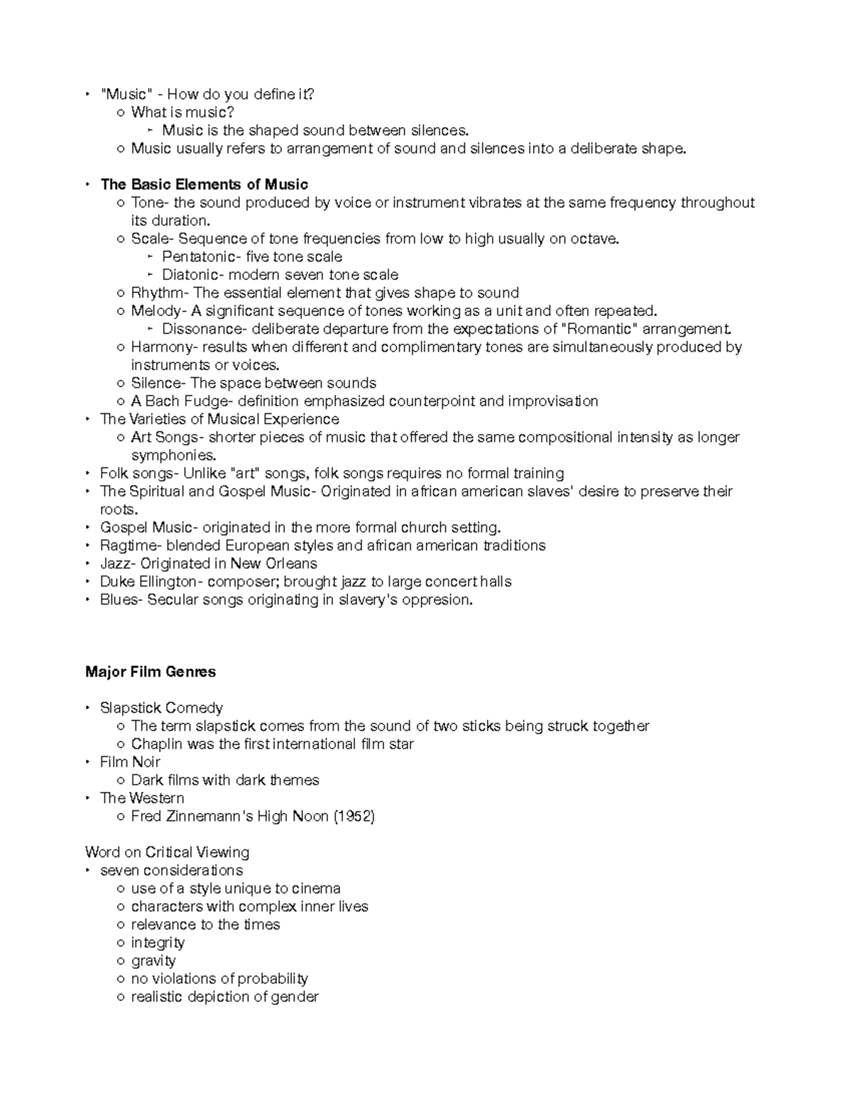 CH. 6-Music - Notes for HUM class - " "Music" - How do you define it? ç ...