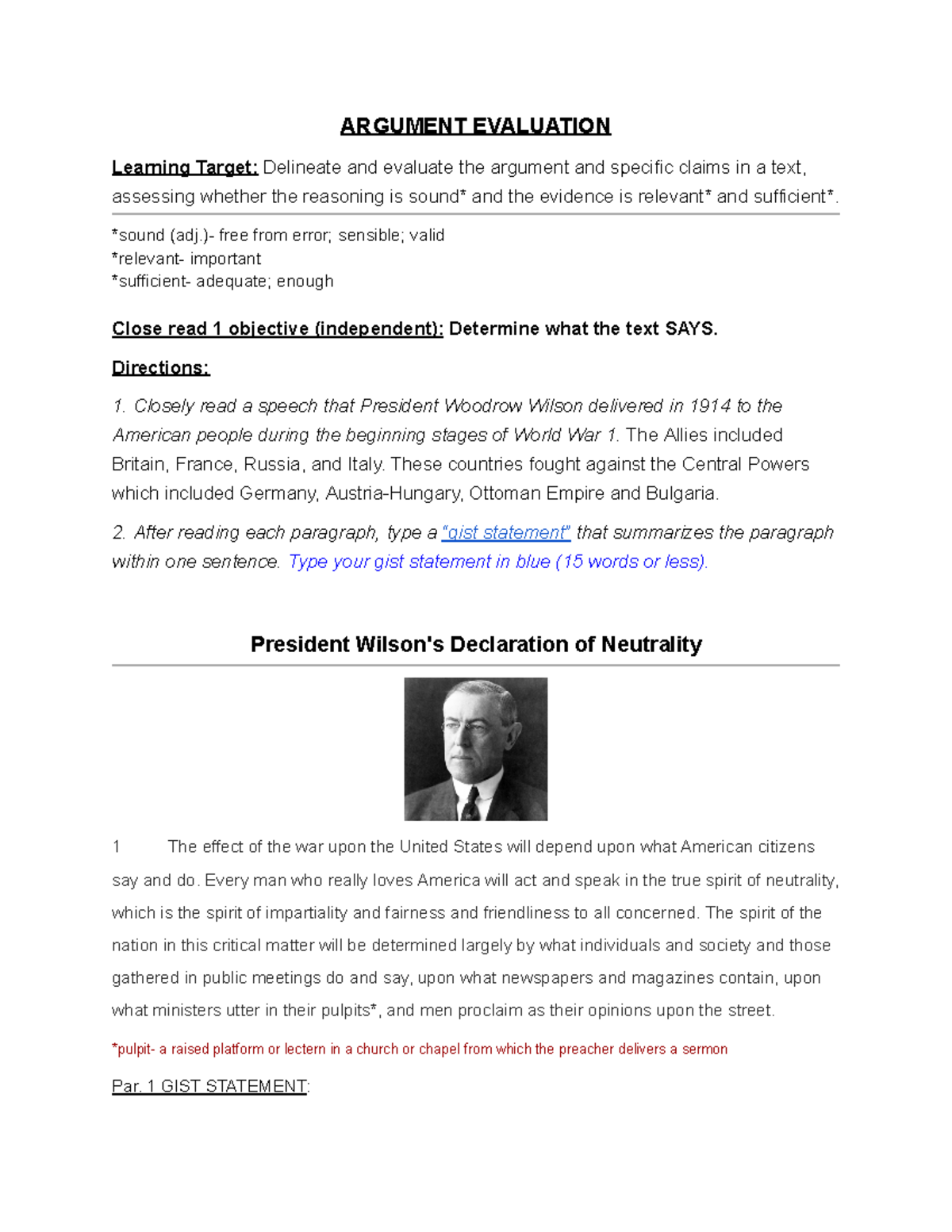 Copy of Copy of Argument Evaluation Wilson's Declaration of Neutrality '21 - ARGUMENT EVALUATION ...