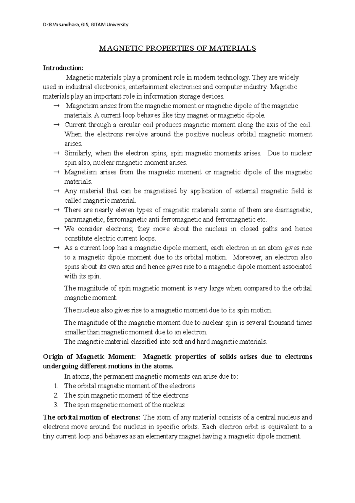 Magnetic Materials Notes BV 24-1-21 - MAGNETIC PROPERTIES OF MATERIALS ...