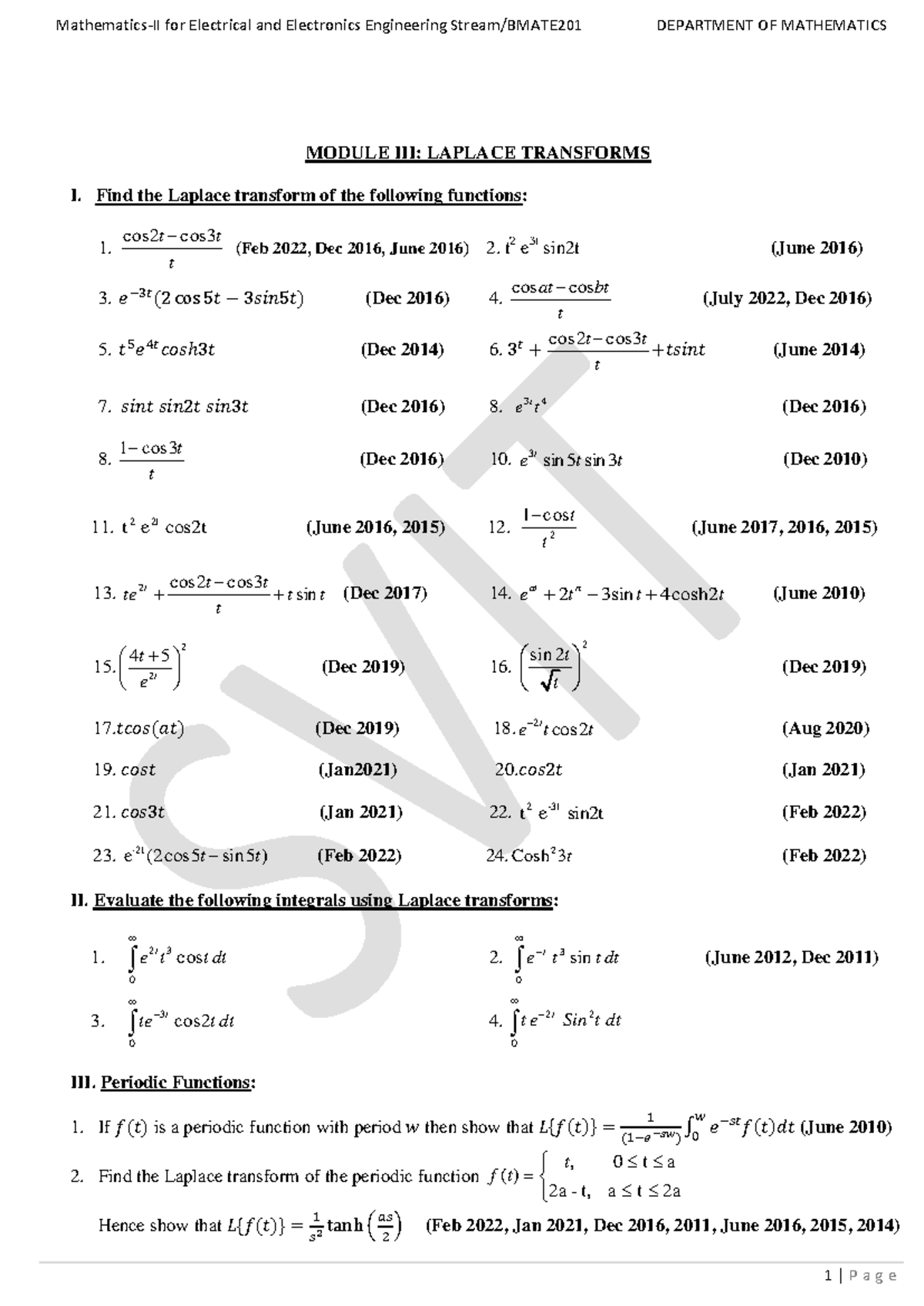 Module III - Laplace and Inverse Laplace Transforms QB - MODULE III ...