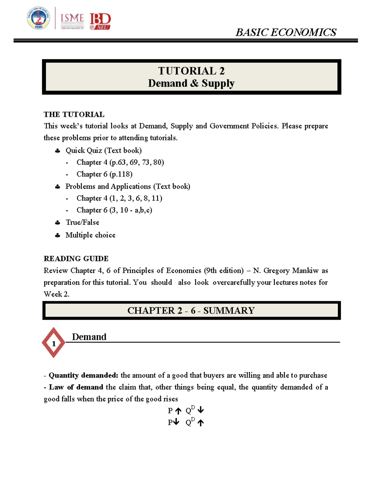 STU - Tutorial 2 - TUTORIAL 2 Demand & Supply THE TUTORIAL This week’s ...