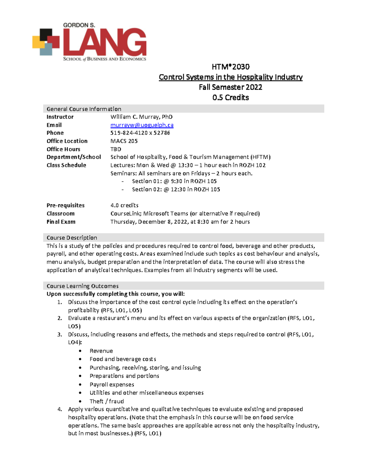 HTM Course Outline - HTM*2 030 Control Systems in the Hospitality ...