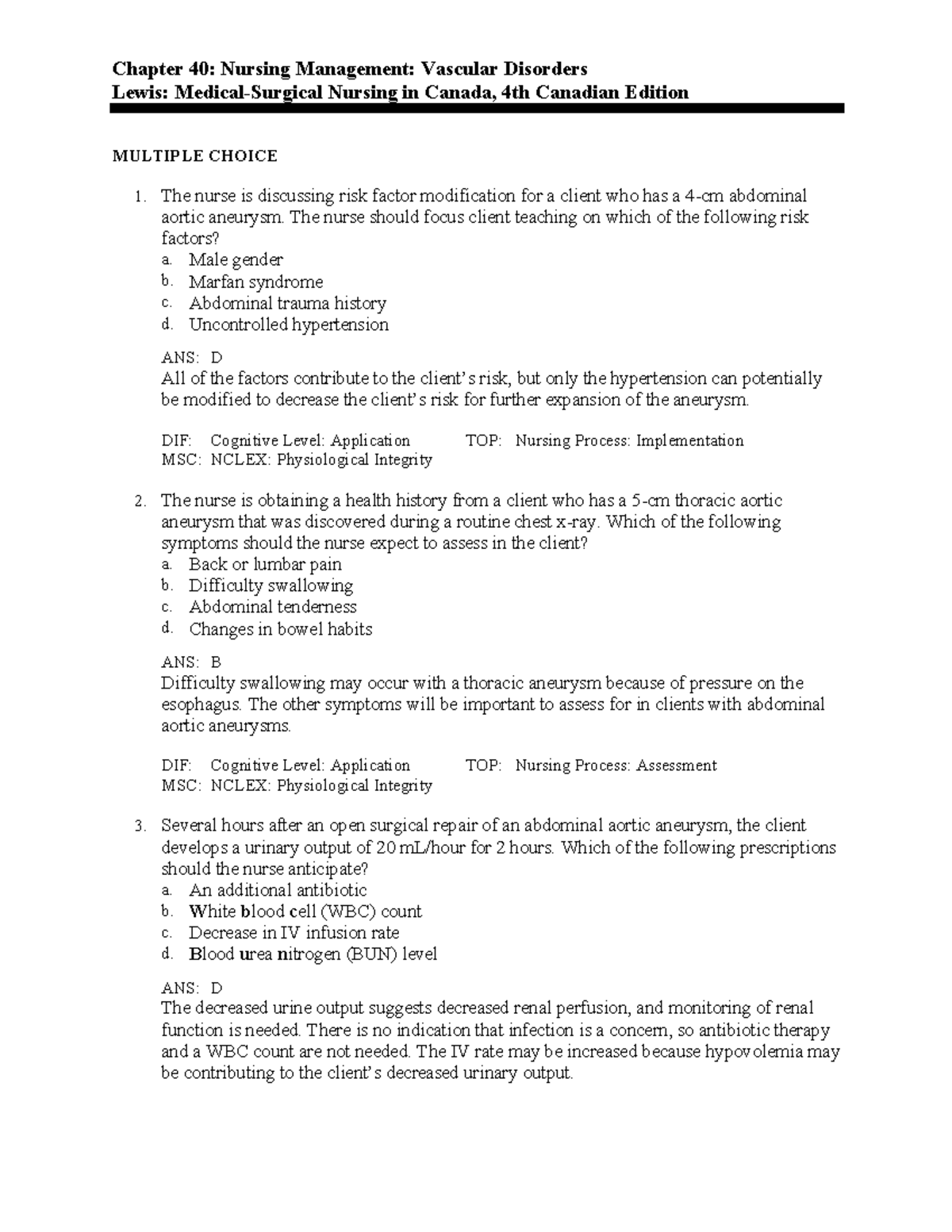 Medsurg chapter 40 - Chapter 40: Nursing Management: Vascular Disorders ...
