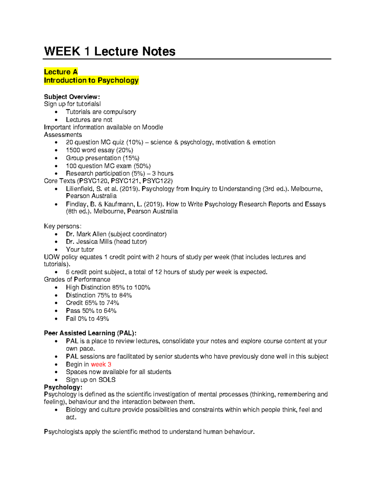 PSYC121 WEEK 1 Lecture Notes - WEEK 1 Lecture Notes Lecture A ...