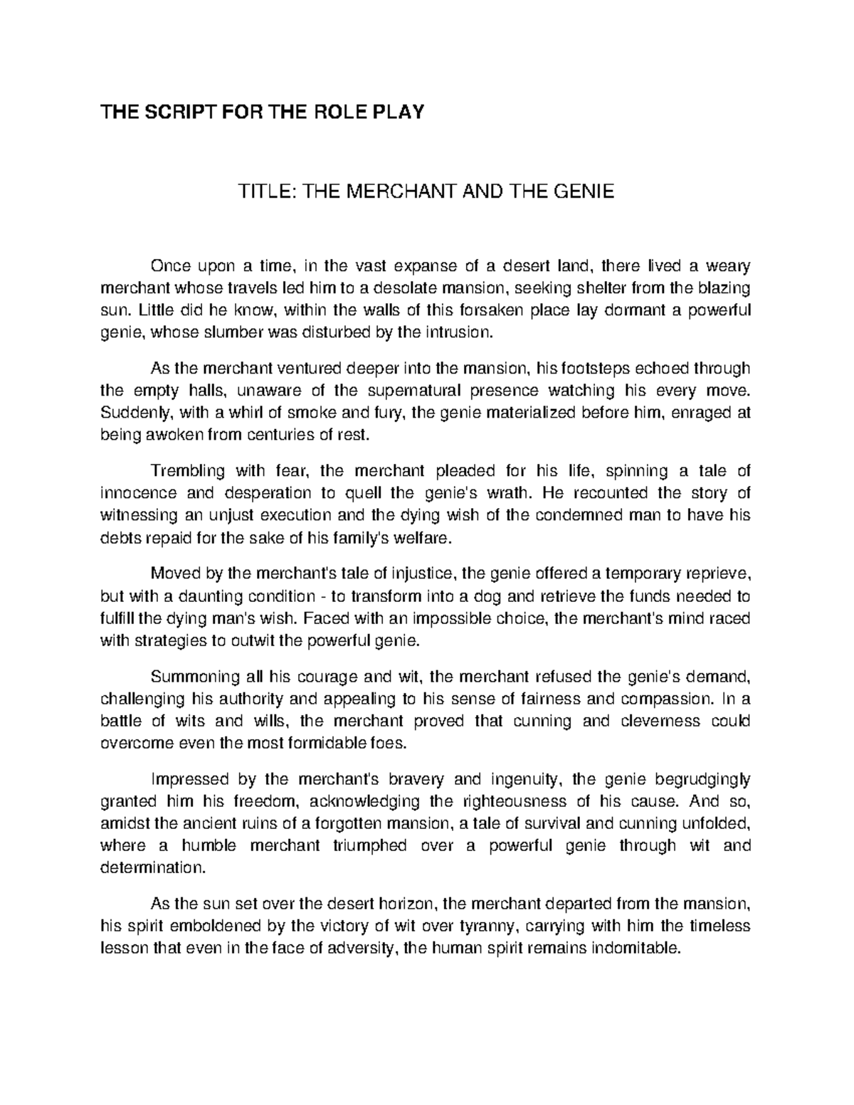Merchant and Genie Story - THE SCRIPT FOR THE ROLE PLAY TITLE: THE ...