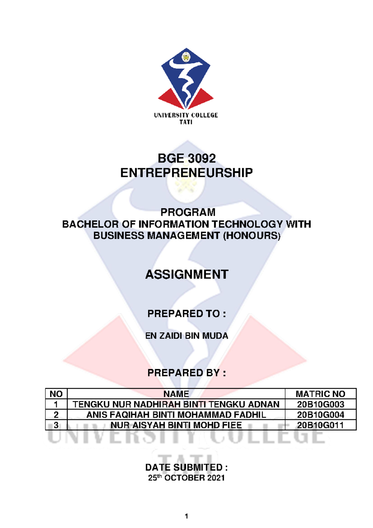 BGE3092 Entrepreneur Assignment [ Group 11] - business management - Studocu