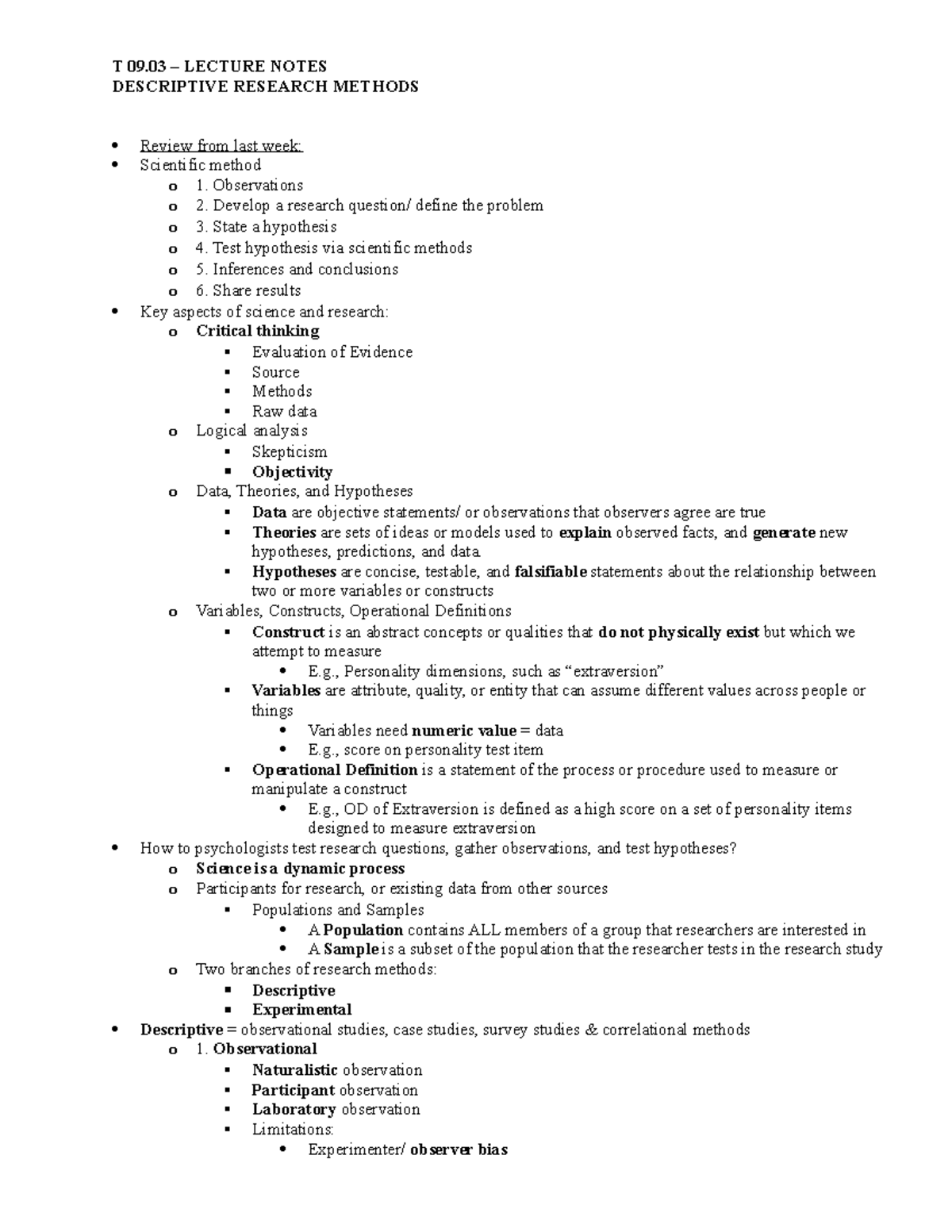 0PSY Notes Descriptive Research Methods - T 09 – LECTURE NOTES ...