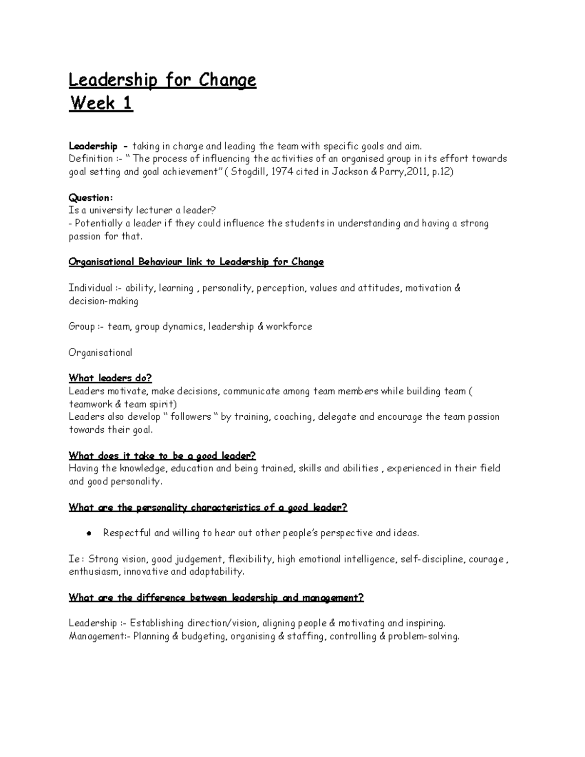 Leadership for Change - Leadership for Change Week 1 Leadership ...