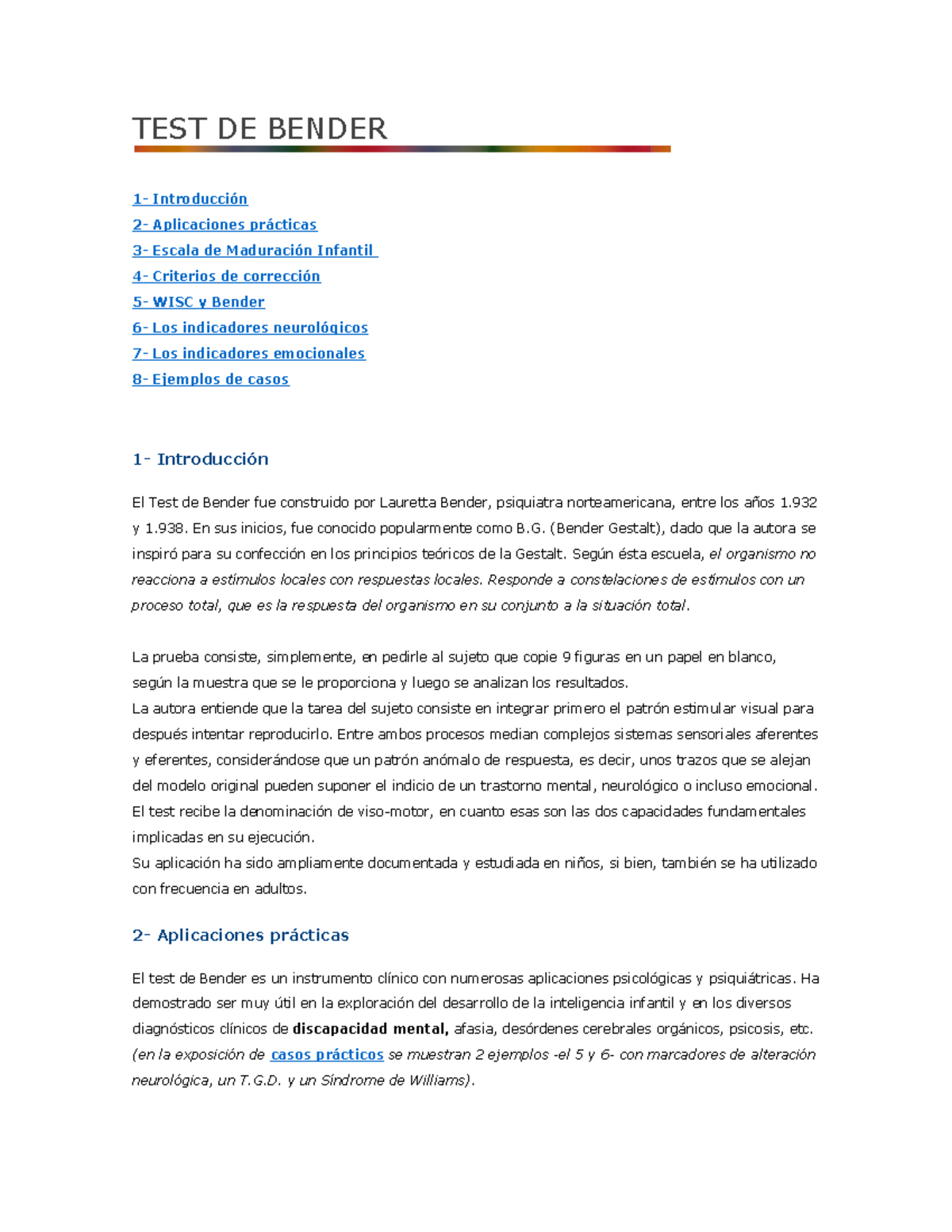Test de Bender - información - TEST DE BENDER 1- Introducción 2 ...