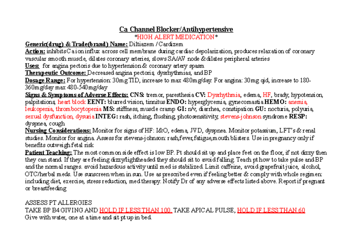 Cardizem drug info - Ca Channel Blocker/Antihypertensive HIGH ALERT ...