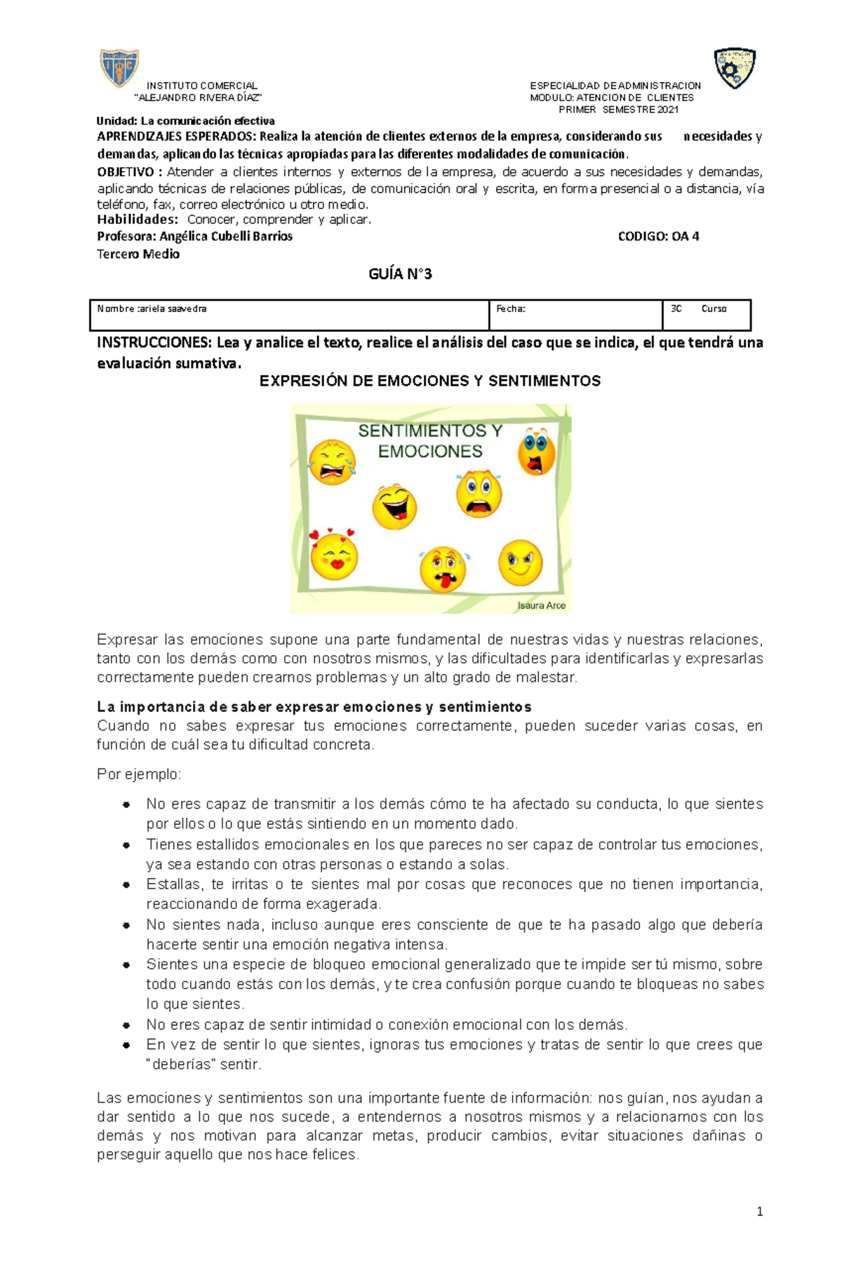 GUIA N°3, 2021 Expresión DE Emociones Y Sentimientos, 2021 - INSTITUTO ...