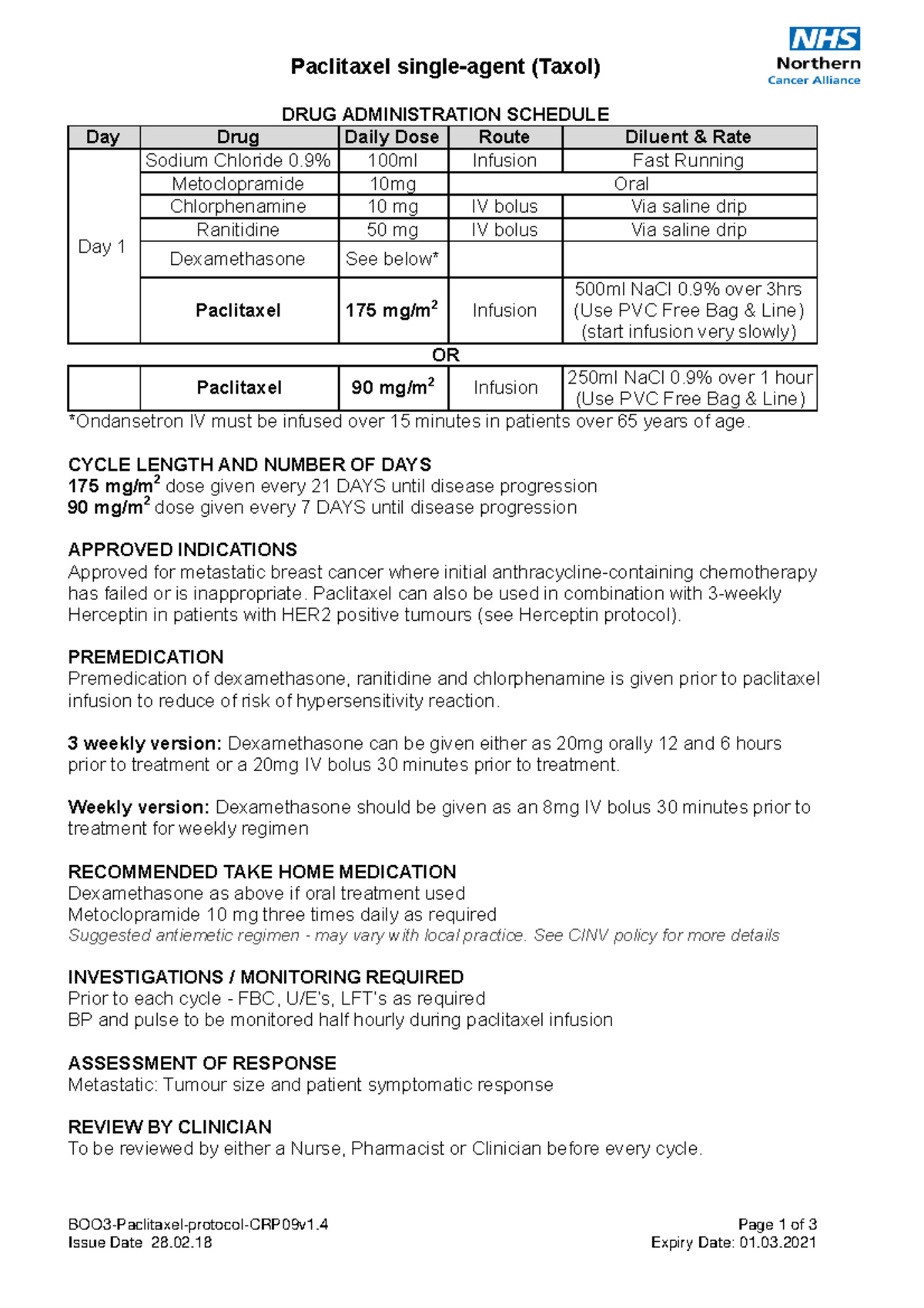 Paclitaxel-Protocol - Paclitaxel single-agent (Taxol) BOO3-Paclitaxel ...