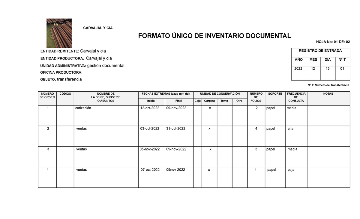Formato inventario documental Carvajal y cia - CARVAJAL Y CIA FORMATO ÚNICO DE INVENTARIO ...
