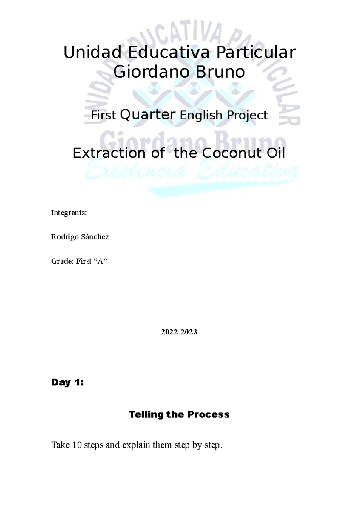 English Proyect RS - sdfffsfdsdfe - Unidad Educativa Particular Giordano Bruno First Quarter ...