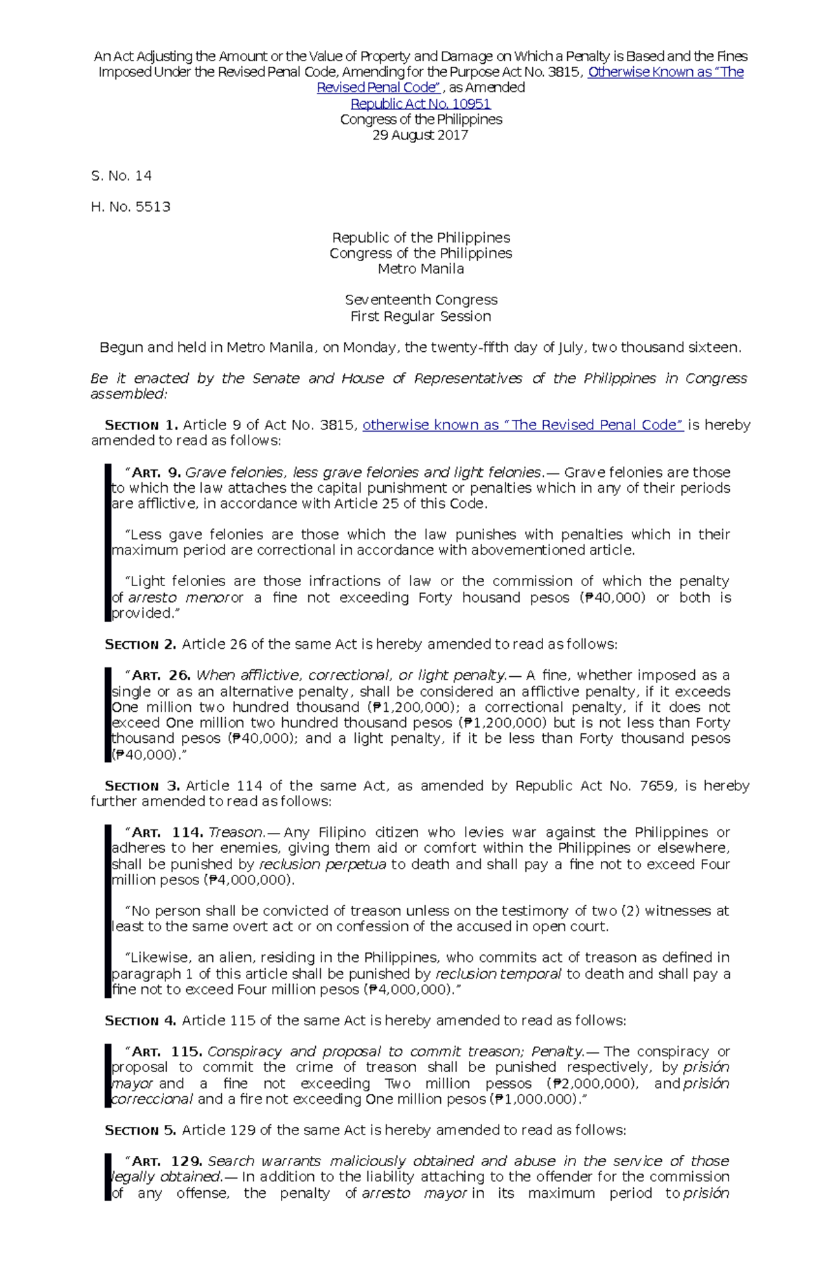 RA 10951 - reviewer - An Act Adjusting the Amount or the Value of ...