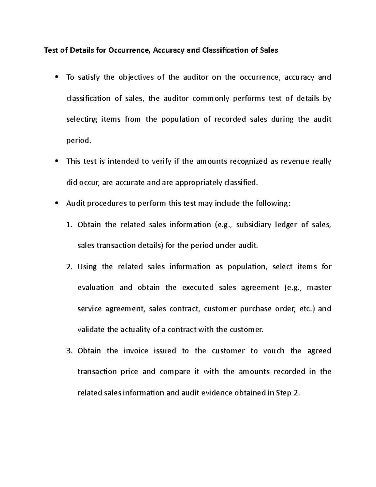 Test of Details for Occurrence, Accuracy and Classification of Sales ...