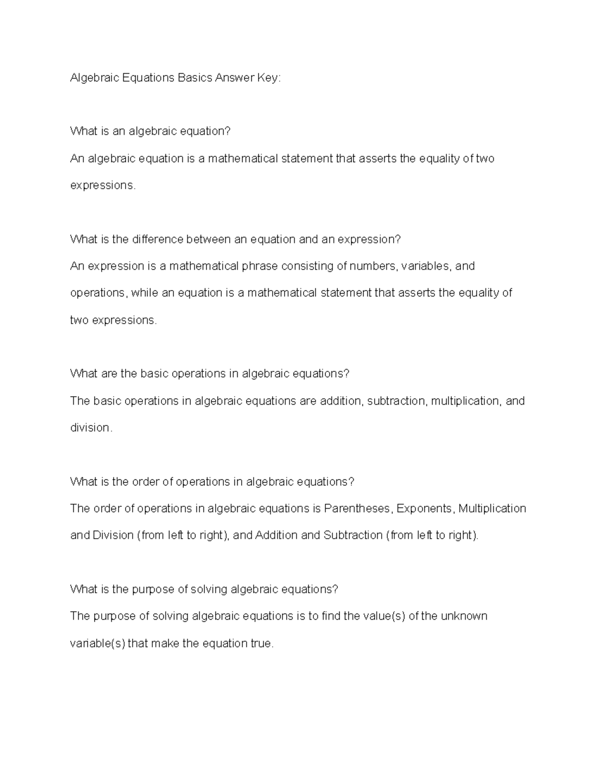 Algebraic Equations Basics Answer Key - What is the difference between ...