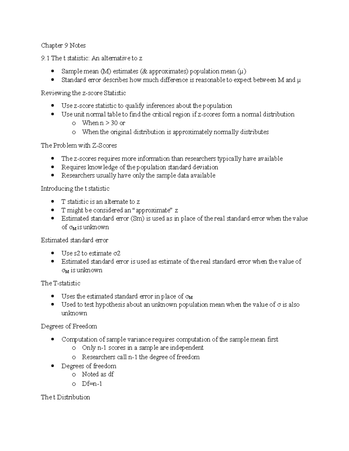 Chapter 9 t statstics - PowerPoint Notes - Chapter 9 Notes 9 The t ...