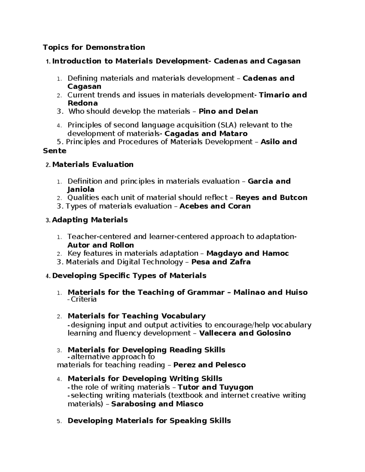 Topics in materials development 1 - Topics for Demonstration 1 ...
