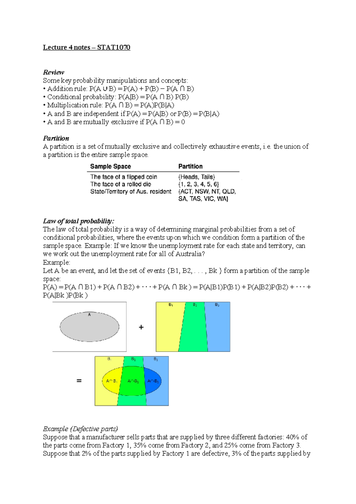 Lecture 4 notes - Lecture 4 notes – STAT Review Some key probability ...