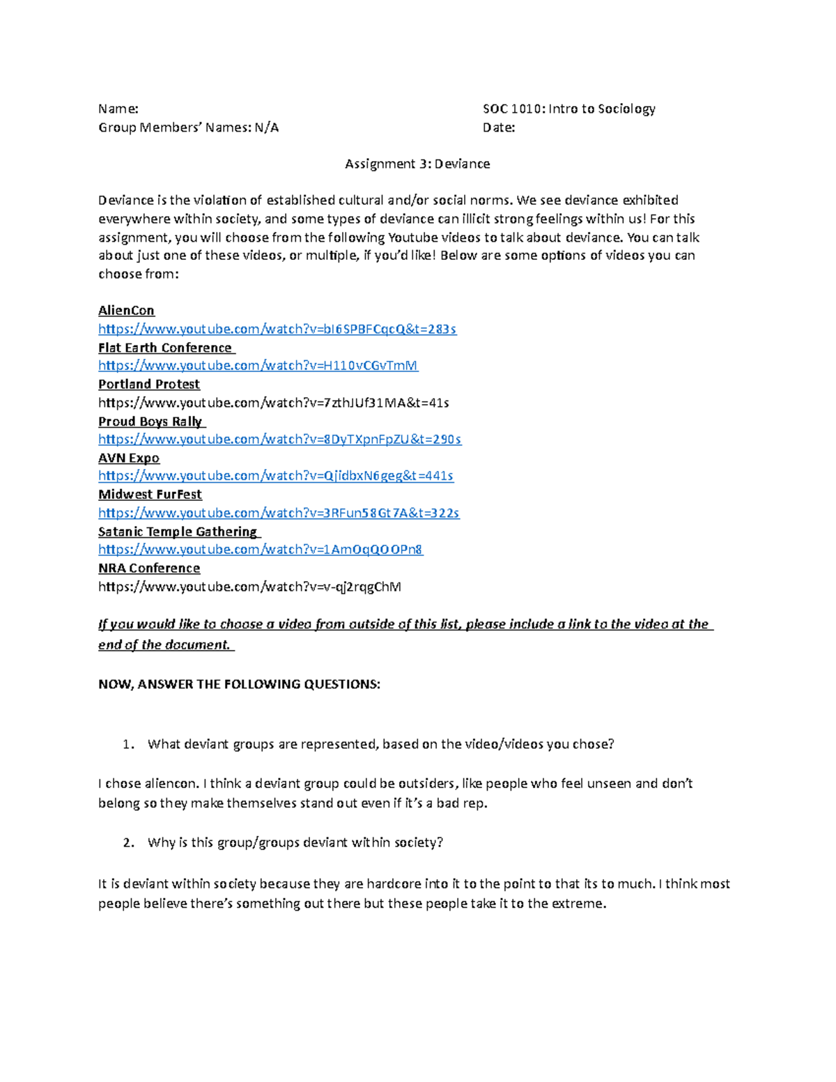 Assignment 3 Deviance Fall 2022 - Name: SOC 1010: Intro to Sociology ...