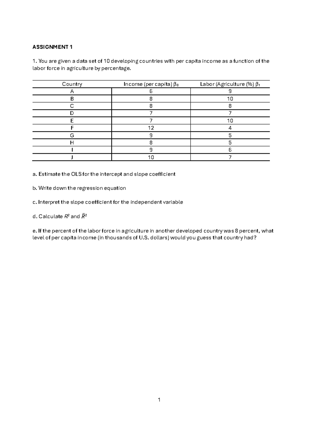 Assignment 1 - 1 ASSIGNMENT 1 You are given a data set of 10 developing countries with per ...