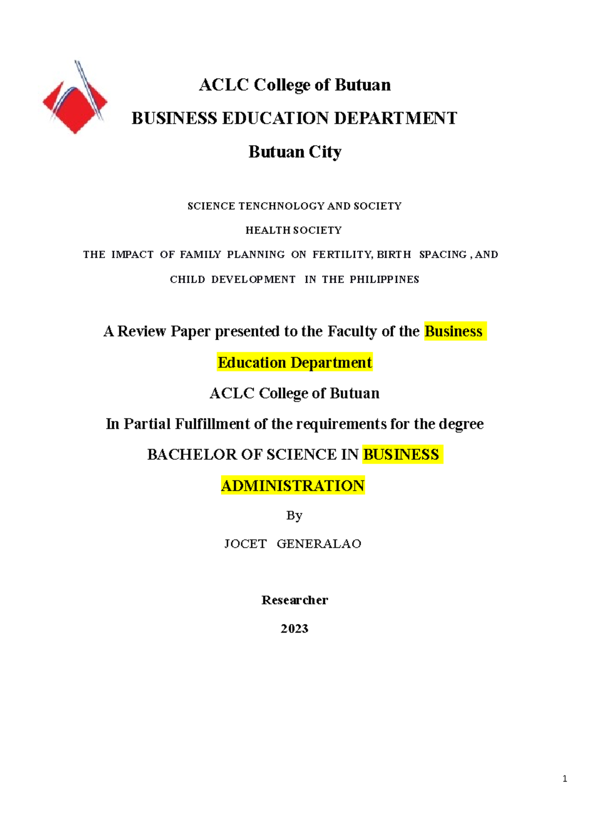 Research-sts-2023 - fdgsdfafsfdfsdss - ACLC College of Butuan BUSINESS ...