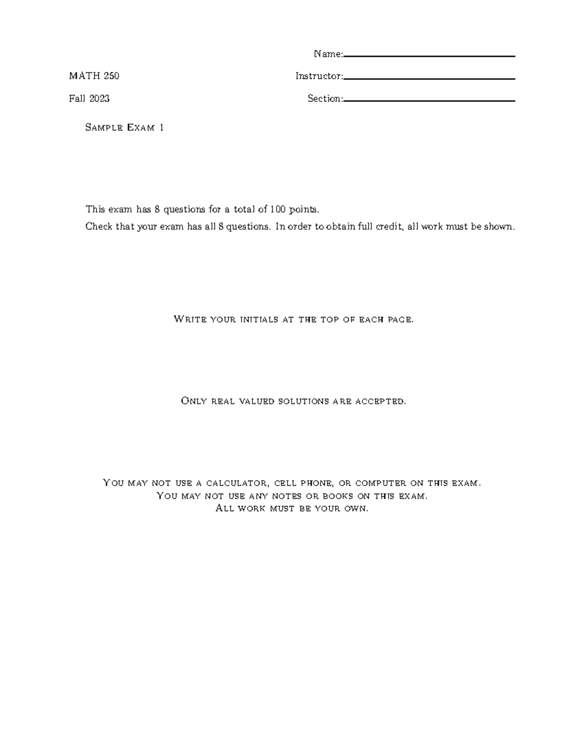 Practice Exam for Exam #1 - MATH 250 Fall 2023 Name: Instructor ...