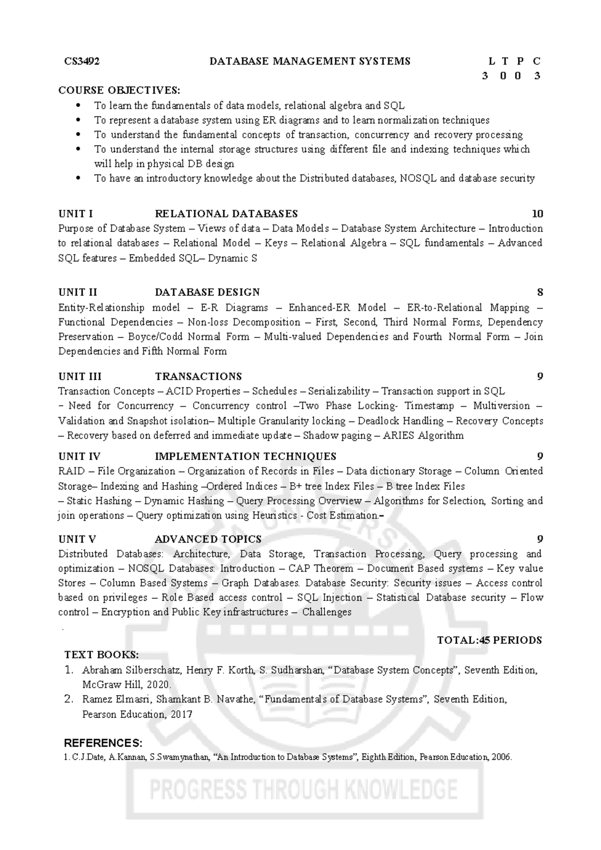 CS3492 Database Management Systemsl T P C 30 03 - CS3492 DATABASE MANAGEMENT SYSTEMS L T P C 3 0 ...