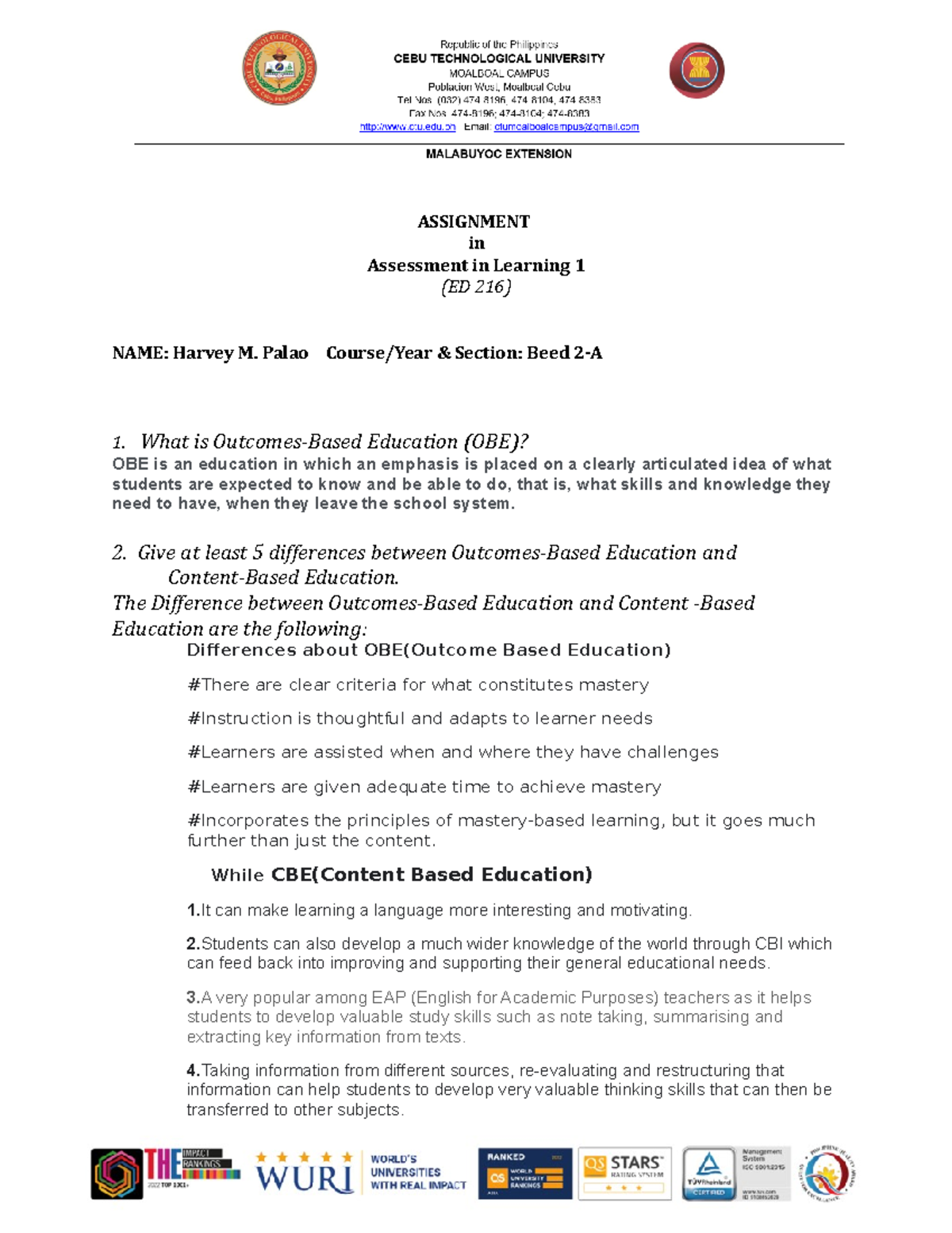 Assignment - Information - ASSIGNMENT in Assessment in Learning 1 (ED ...
