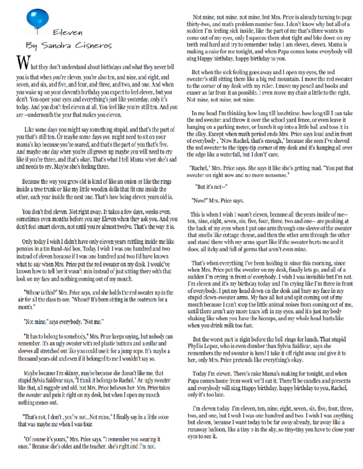 Eleven by Sandra Cisneros - BS Secondary Education - Studocu