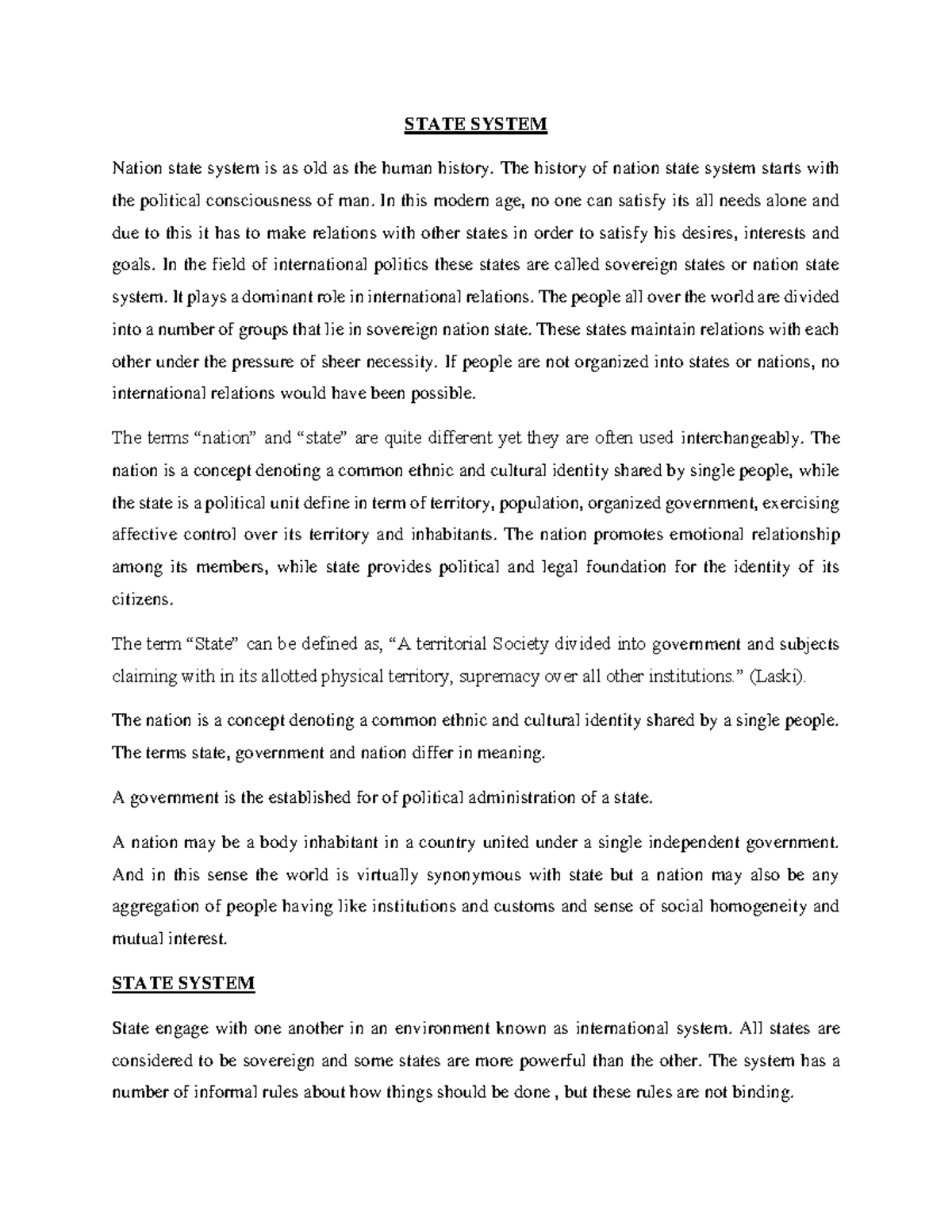 State System 1 - Its lecture notes - STATE SYSTEM Nation state system ...