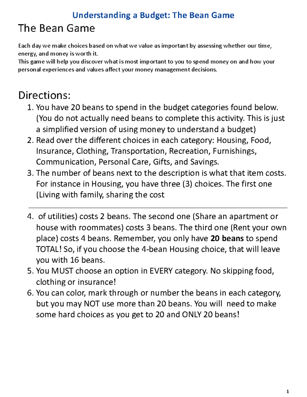 Copy of Understanding a Budget The Bean Game - Understanding a Budget ...
