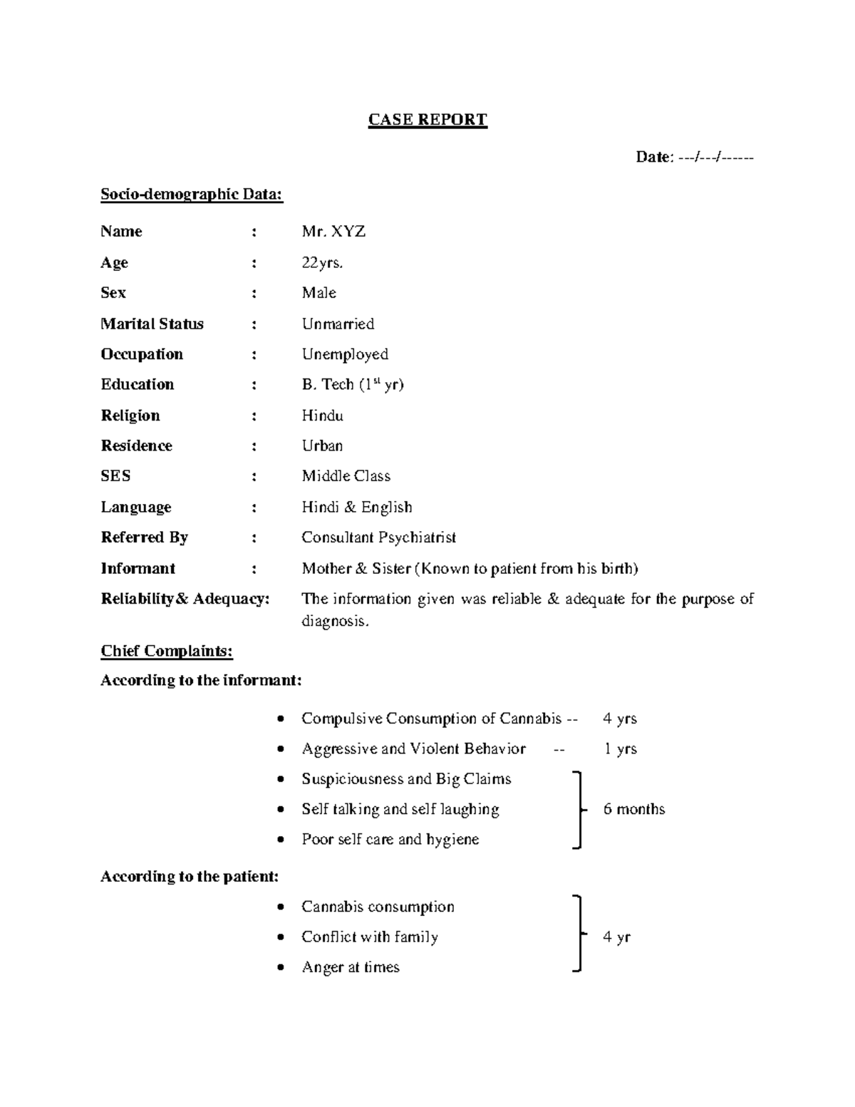 depression case history - CASE REPORT Date: -/-/- Socio-demographic ...