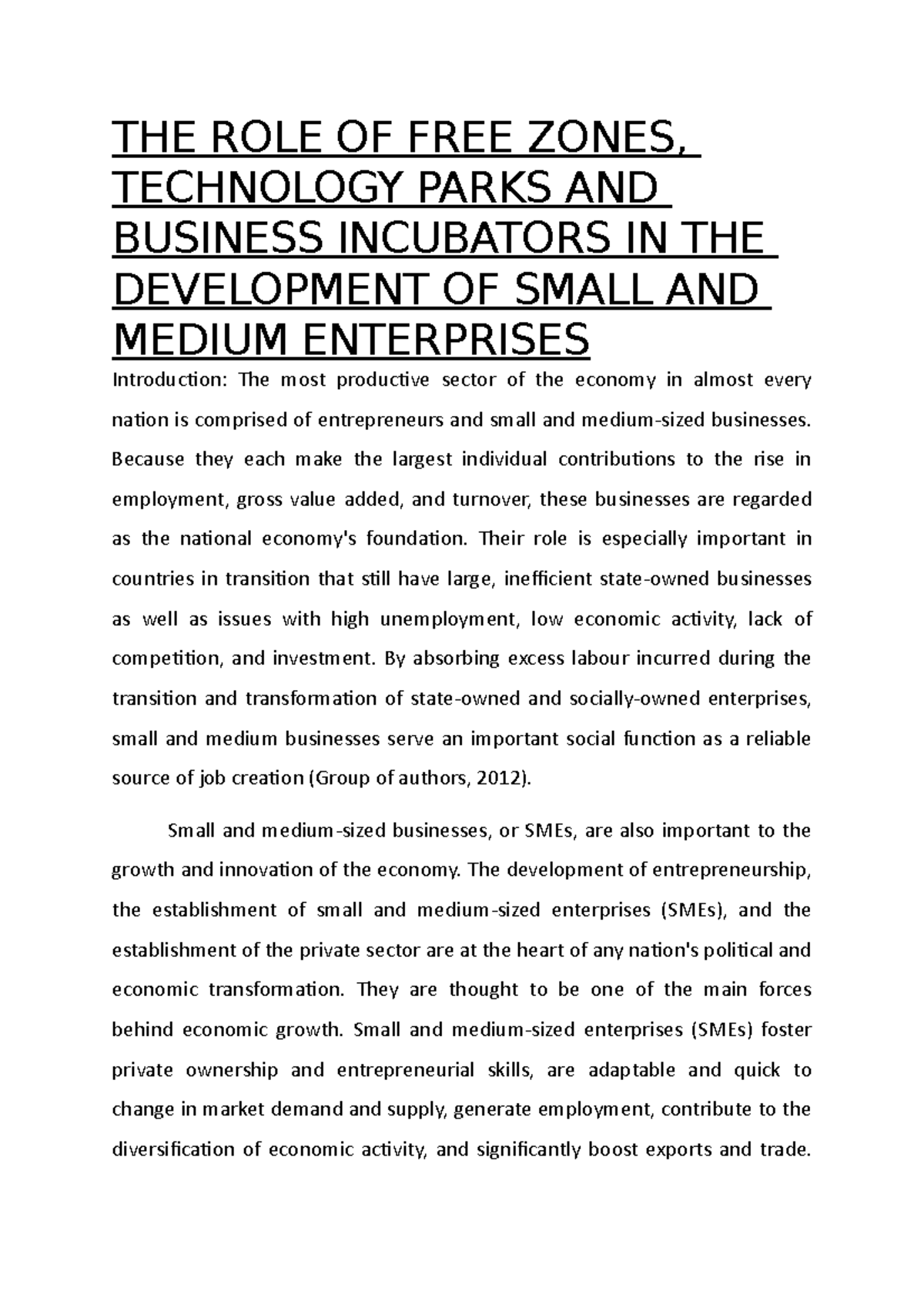 THE ROLE OF FREE Zones, Technology Parks AND Business Incubators IN THE ...