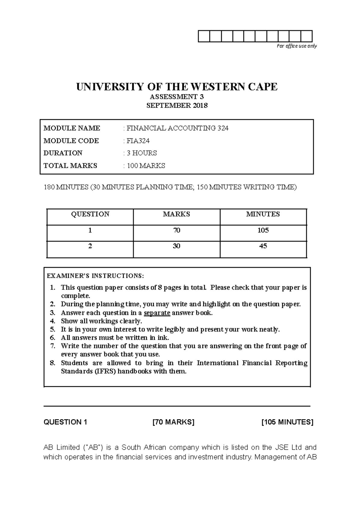 Sept 2018 test - Question paper - For office use only UNIVERSITY OF THE ...
