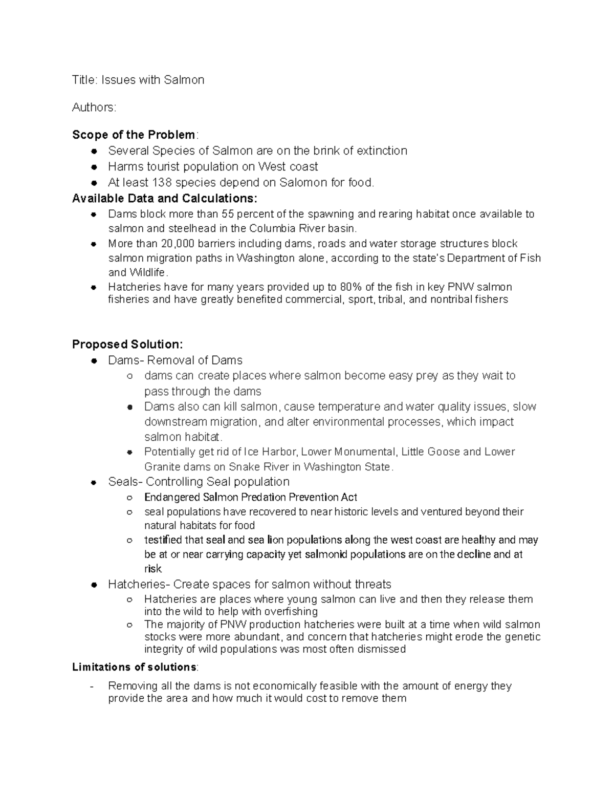 ENVS Final project outline - Title: Issues with Salmon Authors: Scope ...