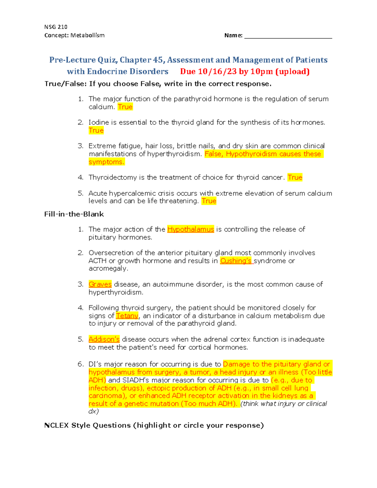 TTE Chapter 45 Pre Lecture Quiz Ashlee - NSG 210 Concept: Metabollism ...