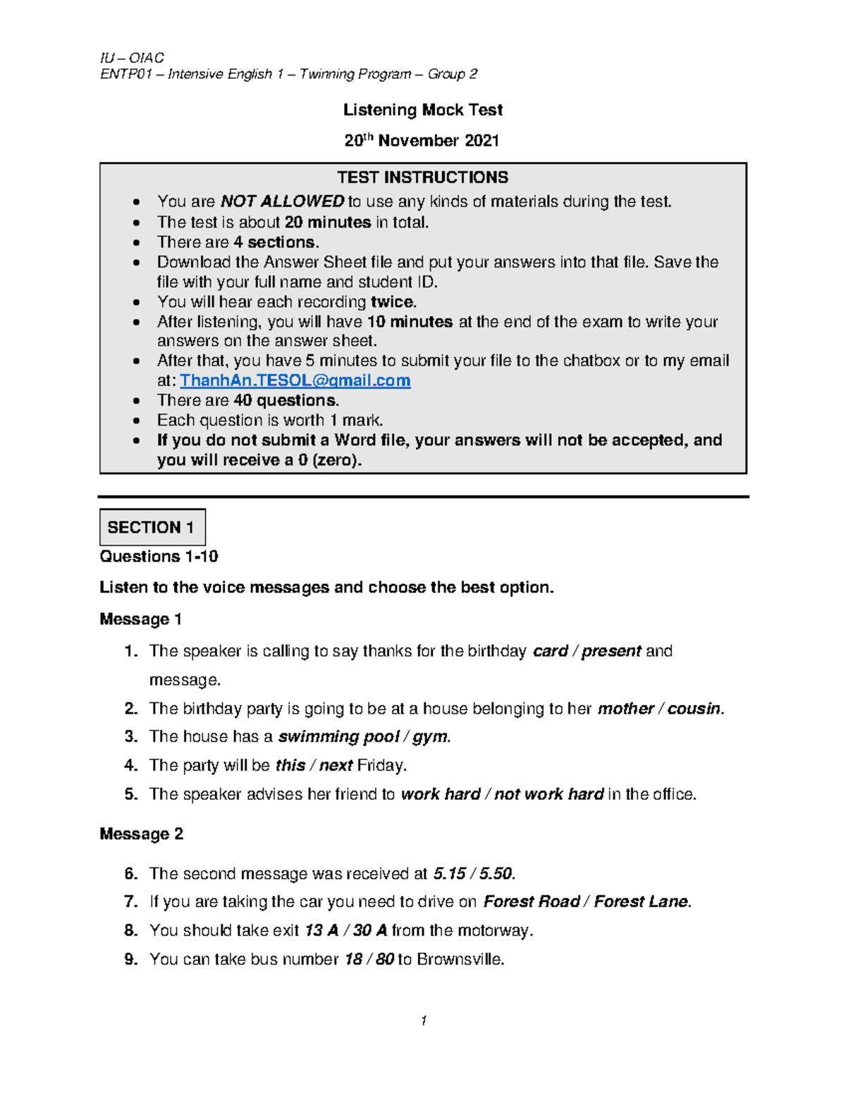 Listening Mock Test Question Paper - ENTP01 – Intensive English 1 ...