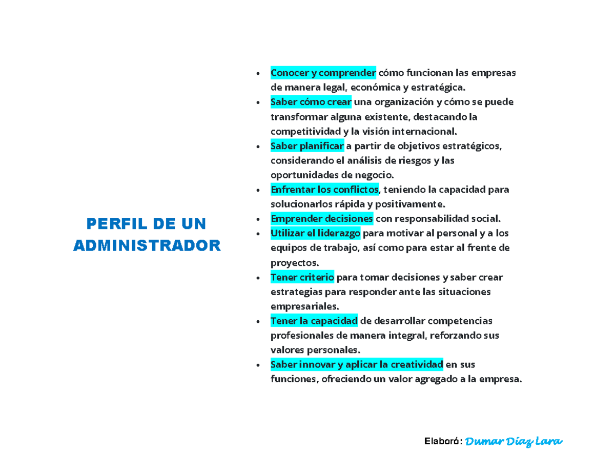 Administracion Generalidades - PERFIL DE UN ADMINISTRADOR • Conocer y ...