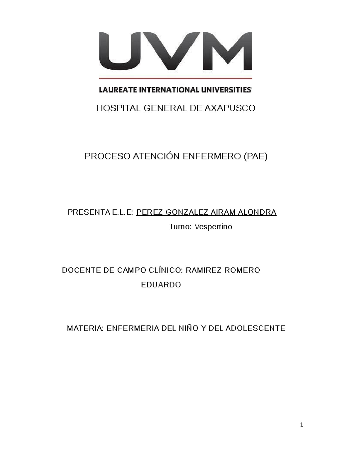 PAE Axapusco - plan de cuidados de enfermería - HOSPITAL GENERAL DE ...