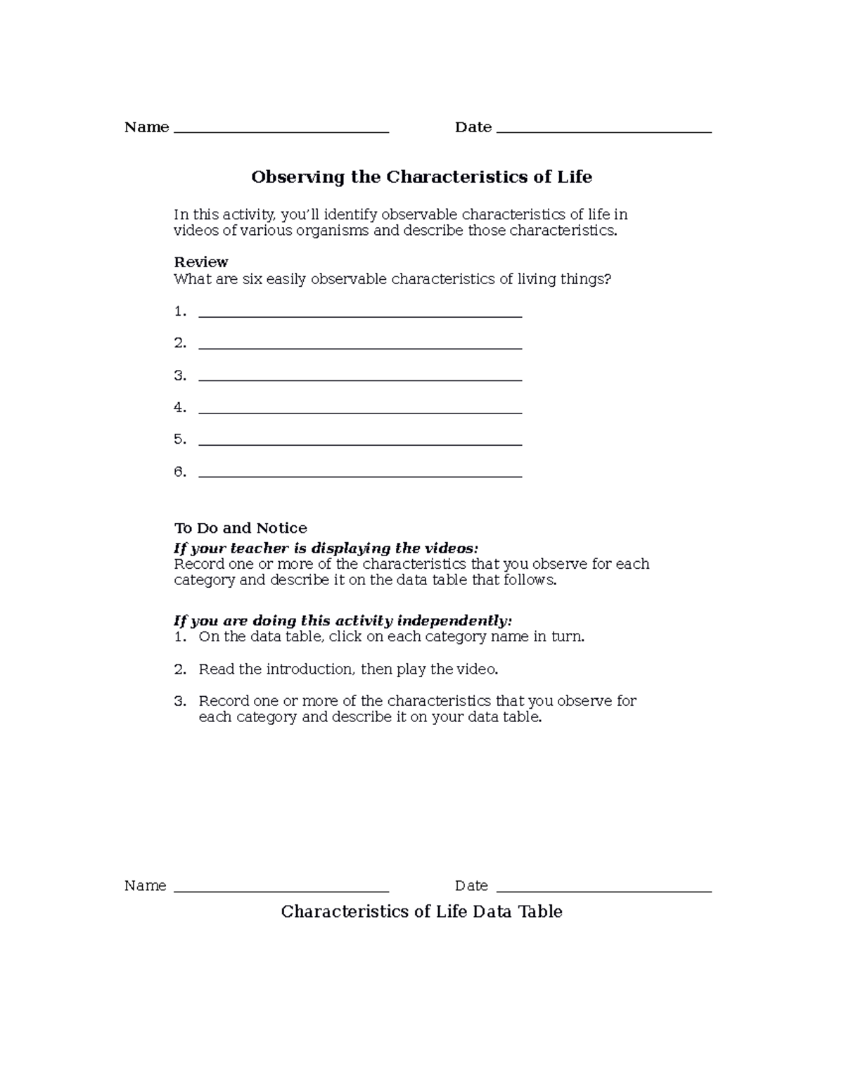 Characteristic of living things - Student's worksheet - Name Date ...