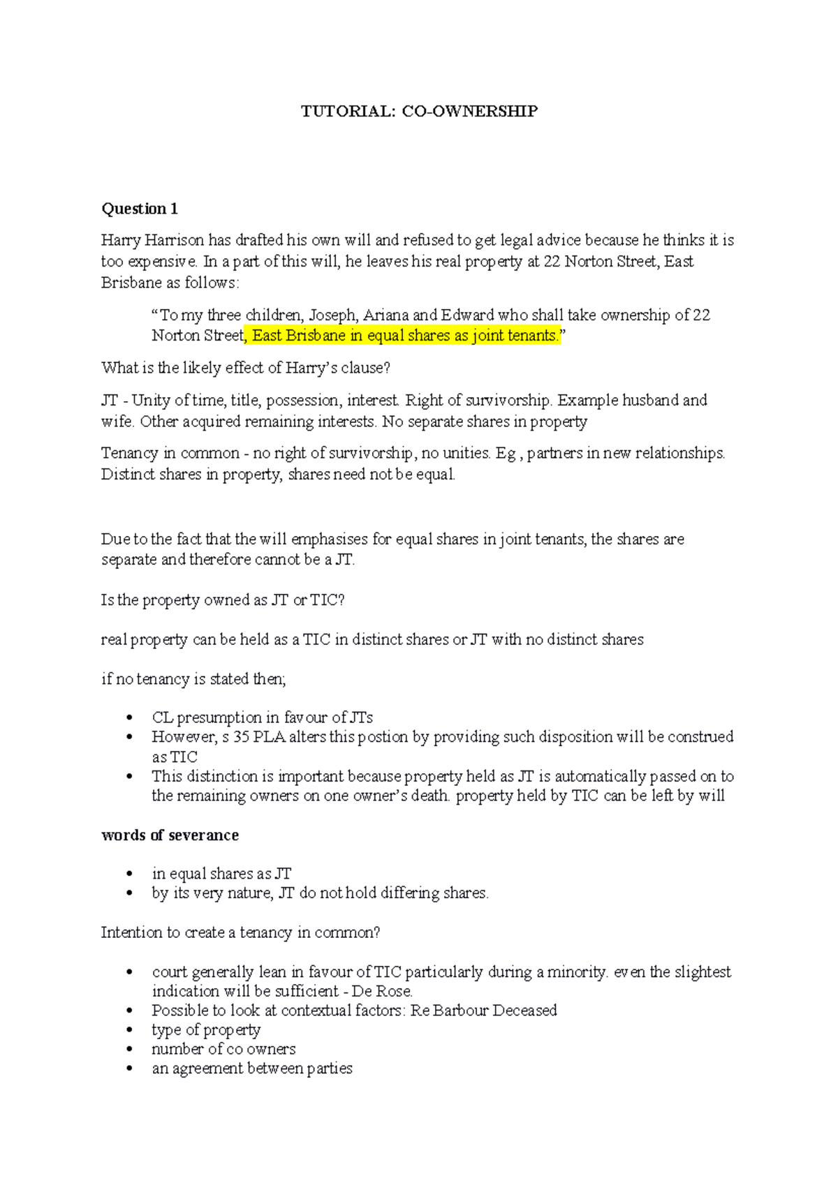 Topic 3 Co-ownership tutorial questions - TUTORIAL: CO-OWNERSHIP ...