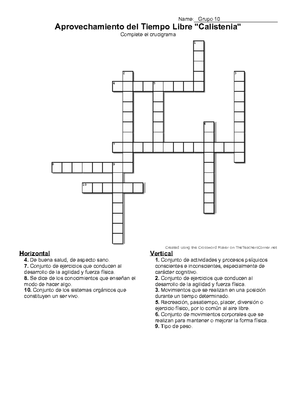 Crucigrama - Aprovechamiento del Tiempo Libre "Calistenia" Complete el ...