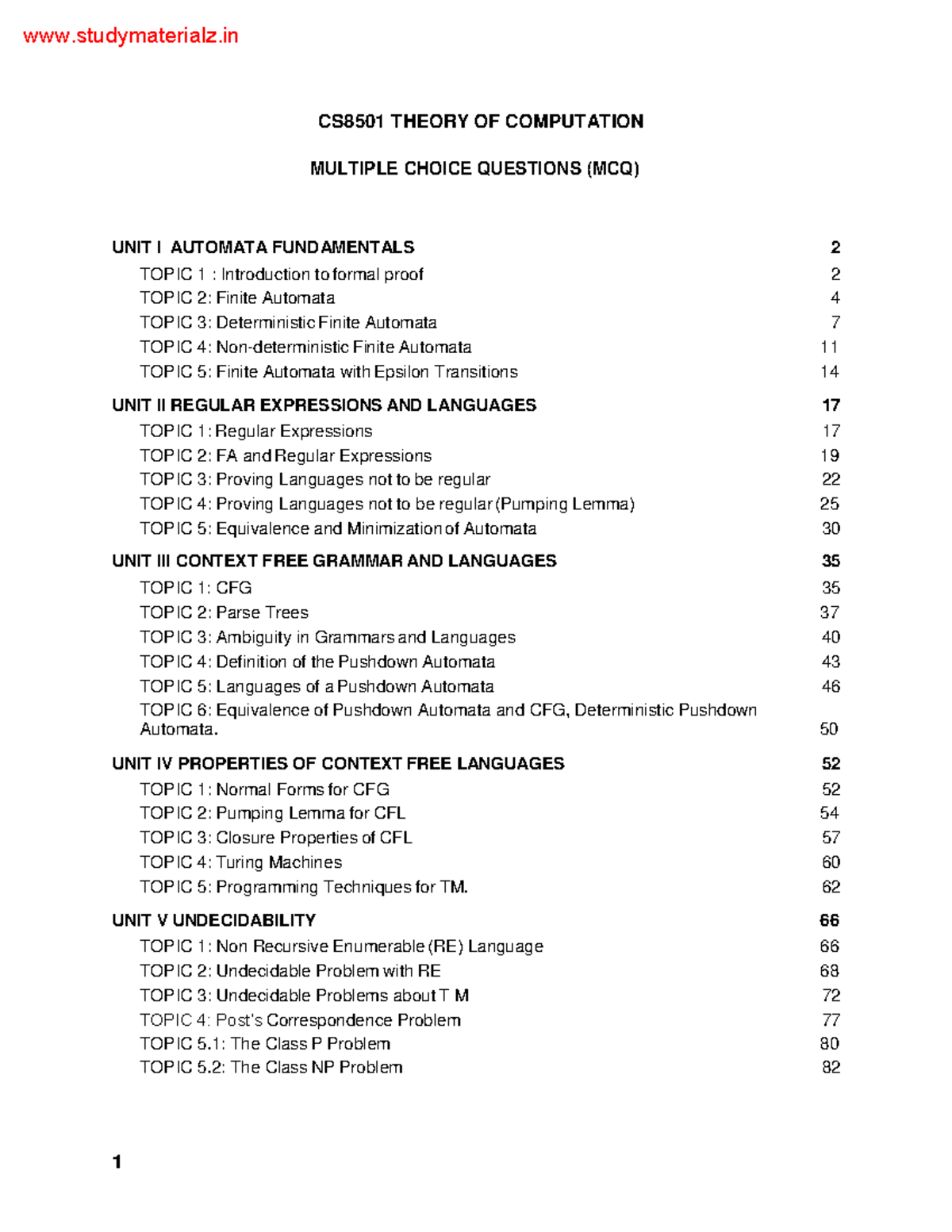 Theory of Computation 1 - CS8501 THEORY OF COMPUTATION UNIT I AUTOMATA FUNDAMENTALS MULTIPLE ...