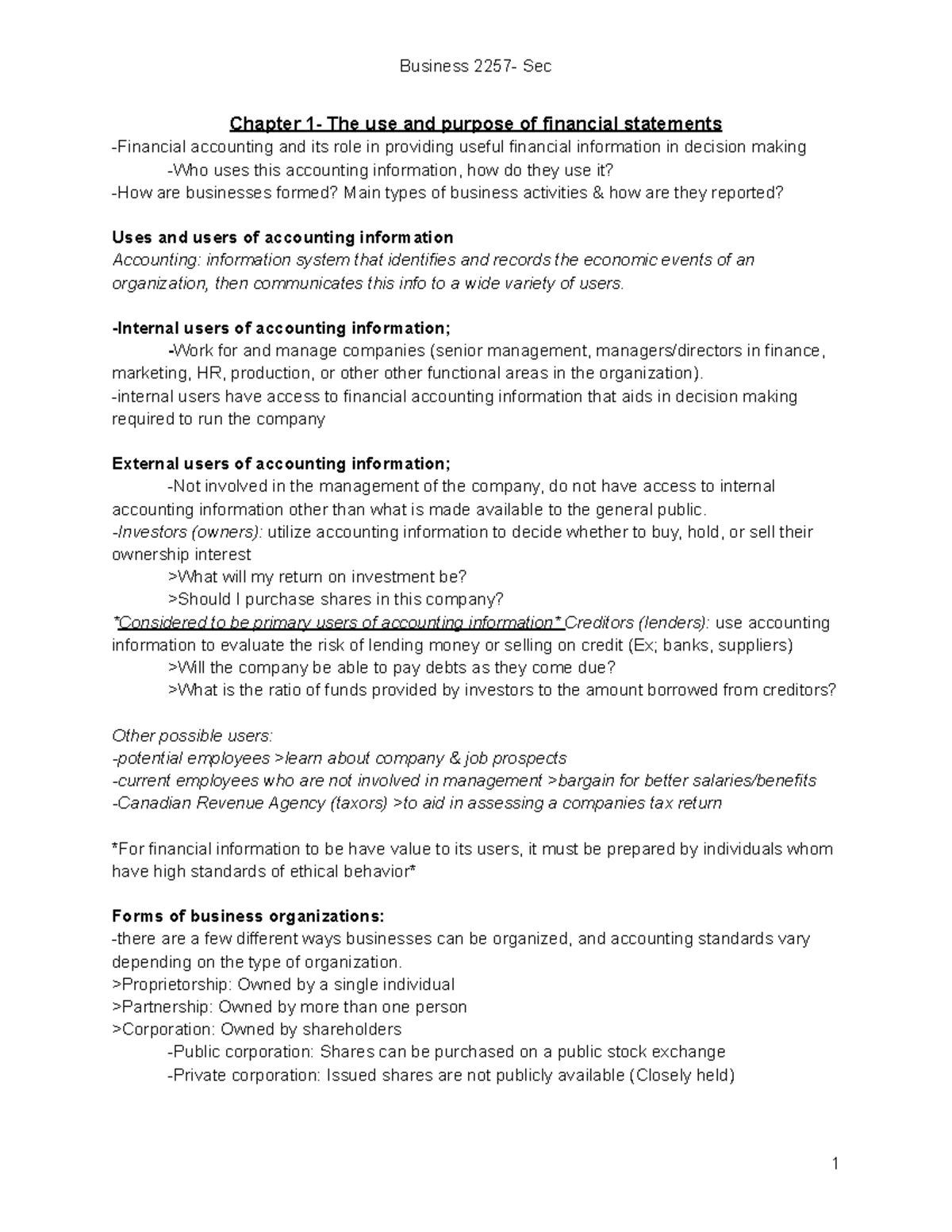 Business 2257- Midterm #1 Notes - Business 2257- Sec Chapter 1- The use ...