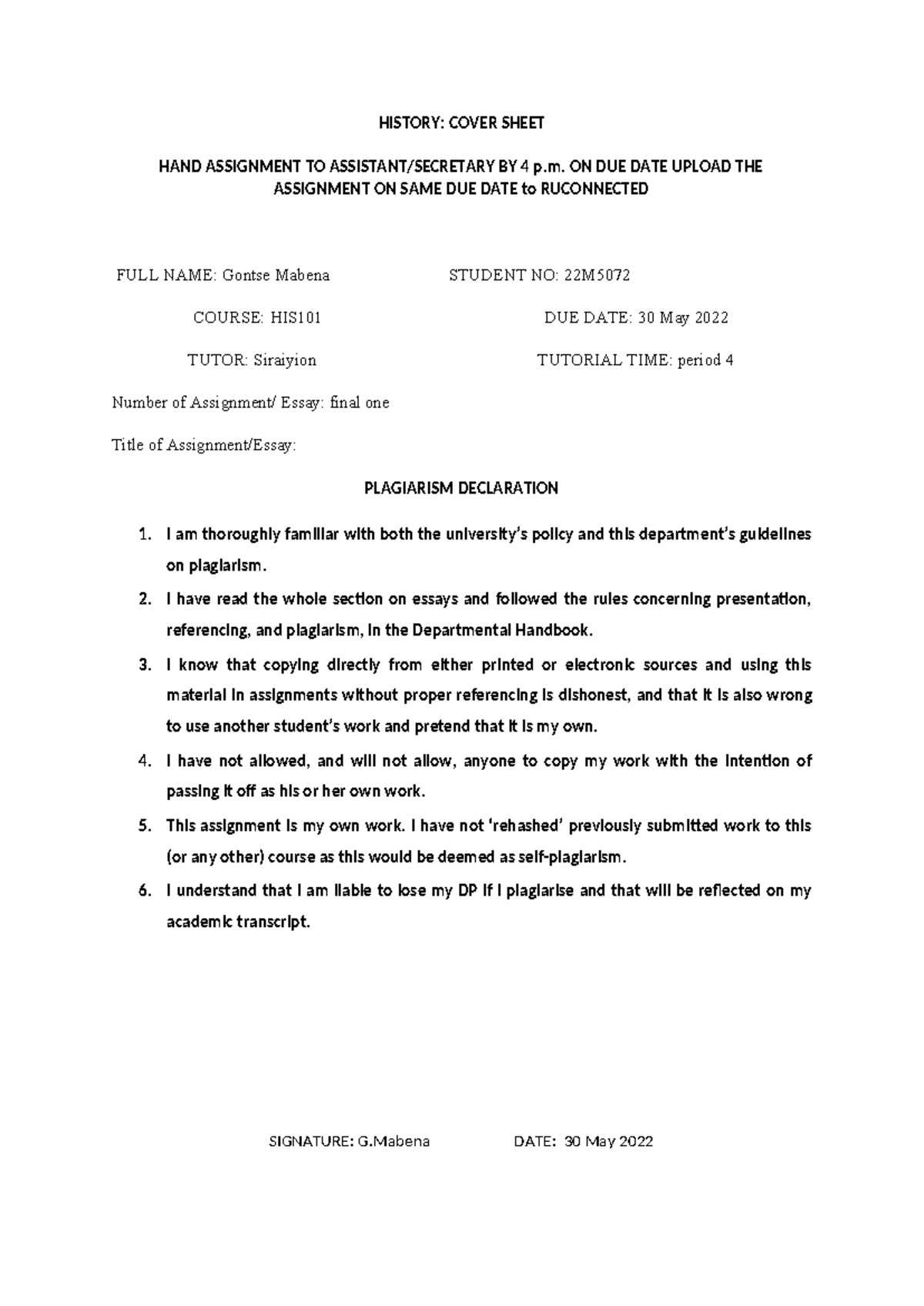 History last assignment semester 1 - HISTORY: COVER SHEET HAND ...