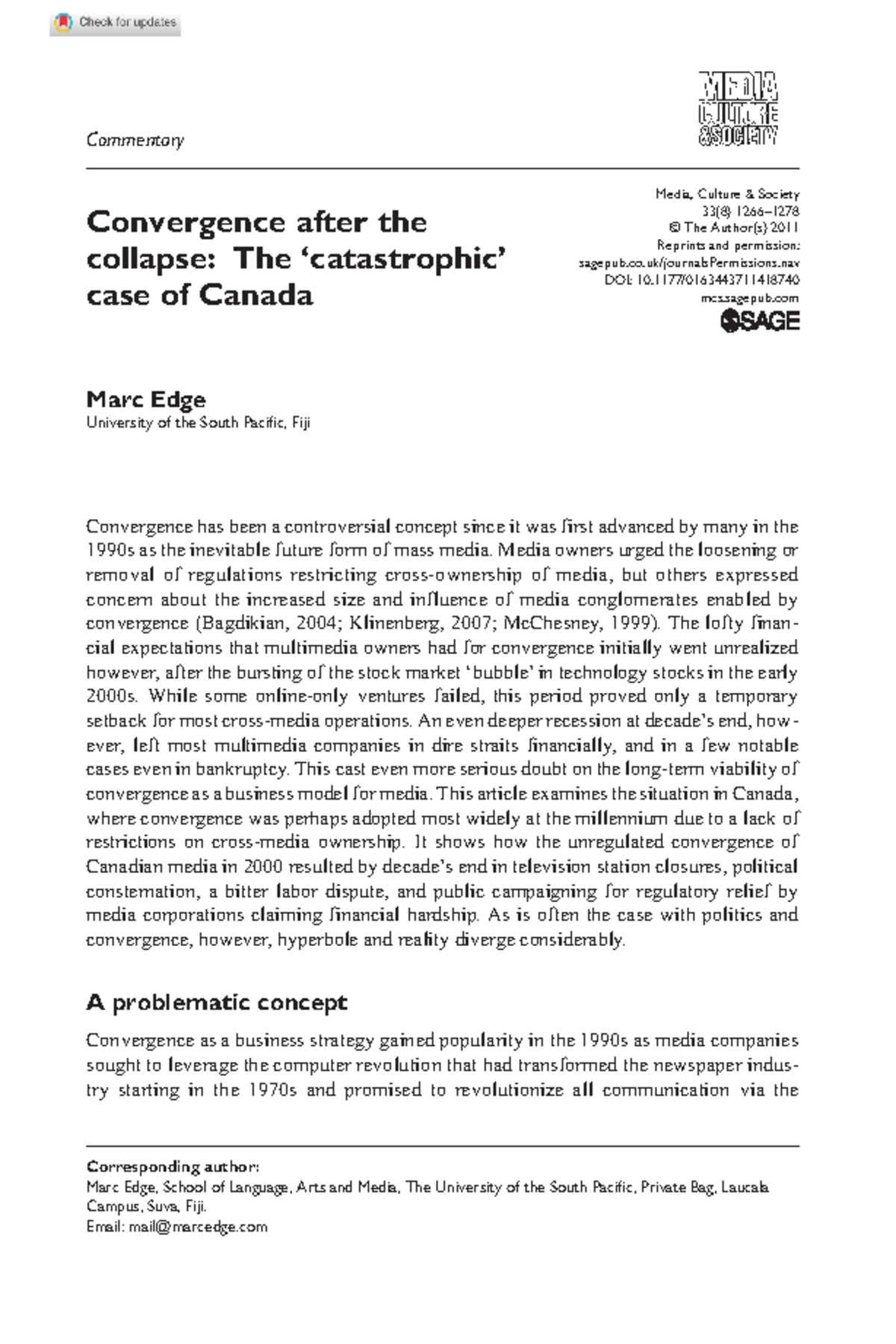 Edge, M. (2011 ) Convergence after the collapse- The ‘catastrophic ...