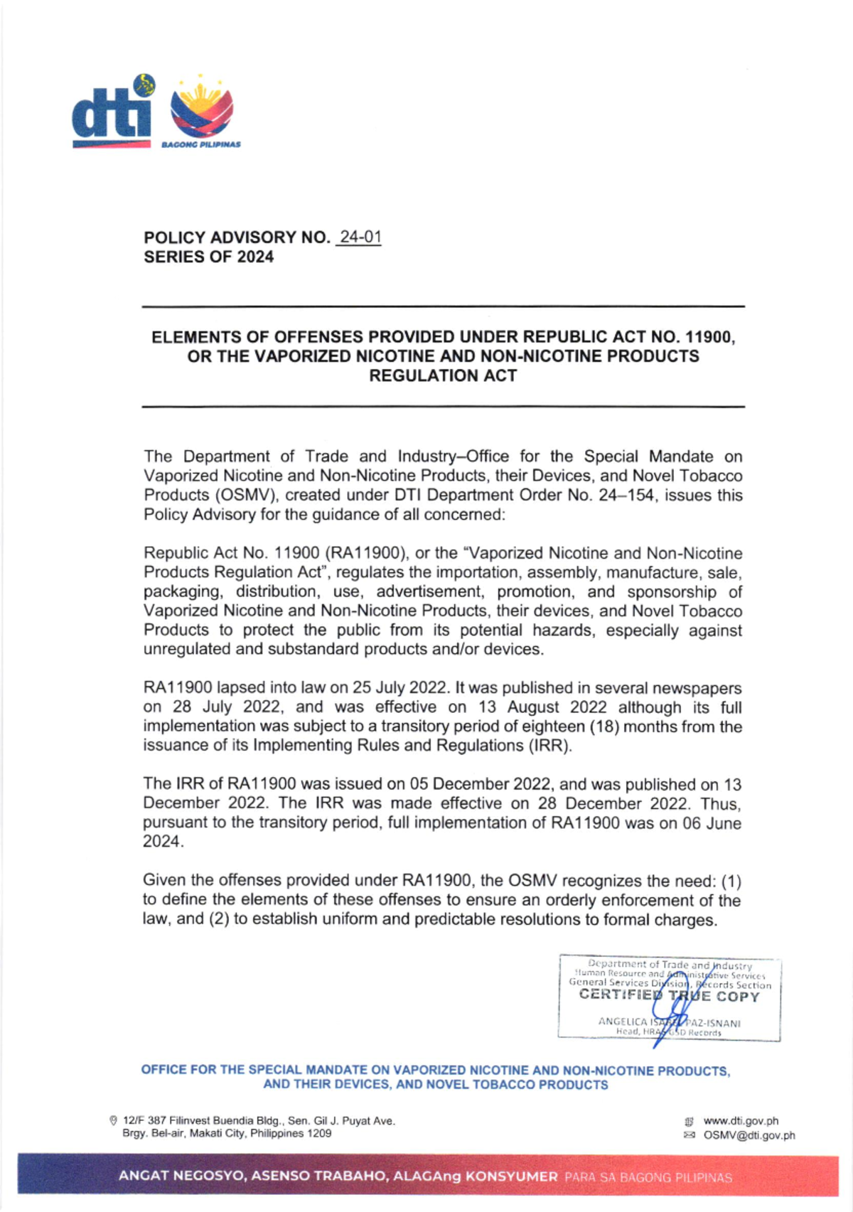 DTI Policy Advisory No 24-01 - dtiv tr6orc t alt x,/lt POLICY ADVISORY ...