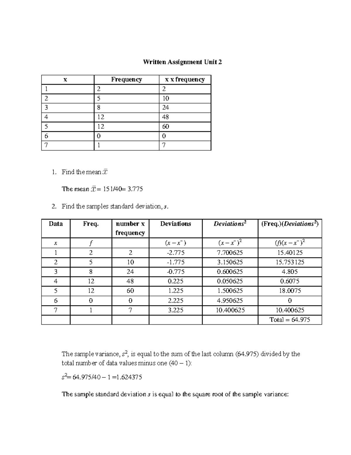 Unit2 - Computer System and Networking - Written Assignment Unit 2 x Frequency x x frequency 1 2 ...